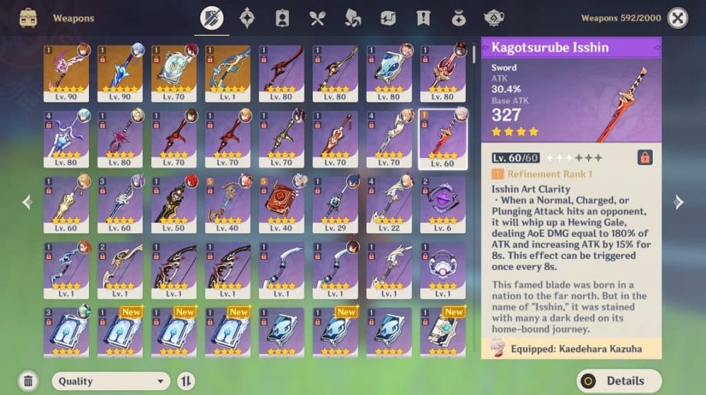 Stats and Bonuses of Kagotsurube Isshin, Sword of Kaedehara Kazuha