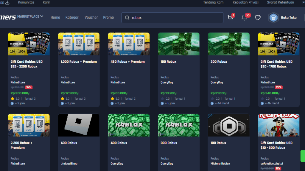 Harga Robux di Roblox Melalui VCGamers Marketplace