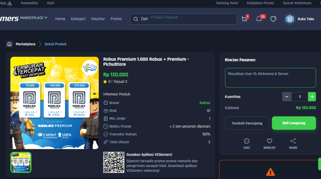 Harga Robux di Roblox Melalui VCGamers Marketplace