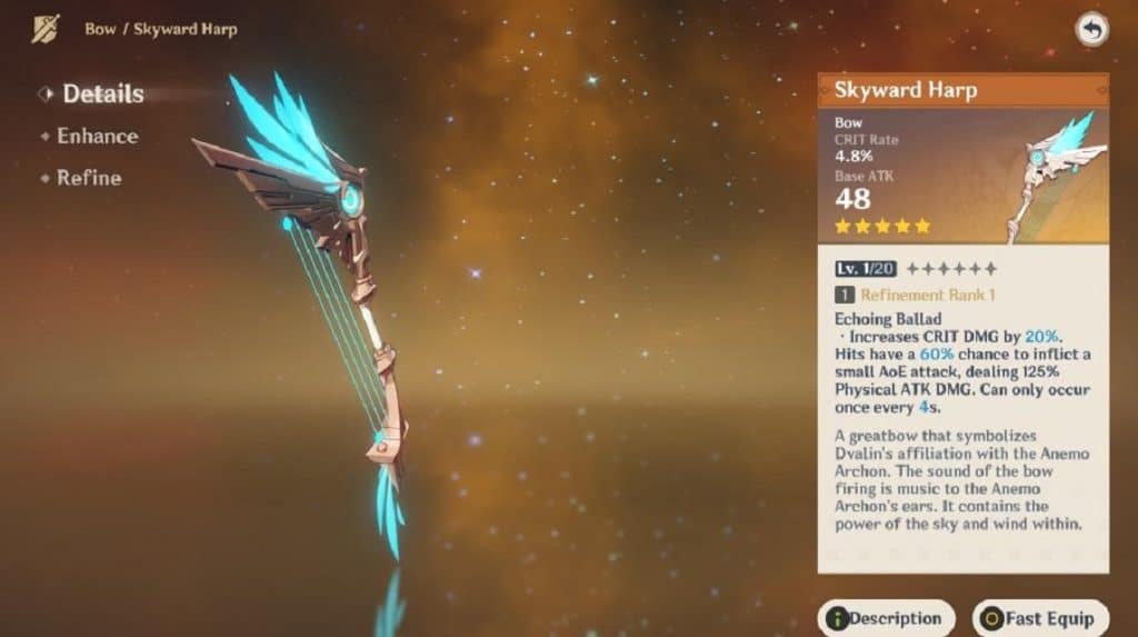 Skyward Harp Genshin Impact: Stats, Materials, Users