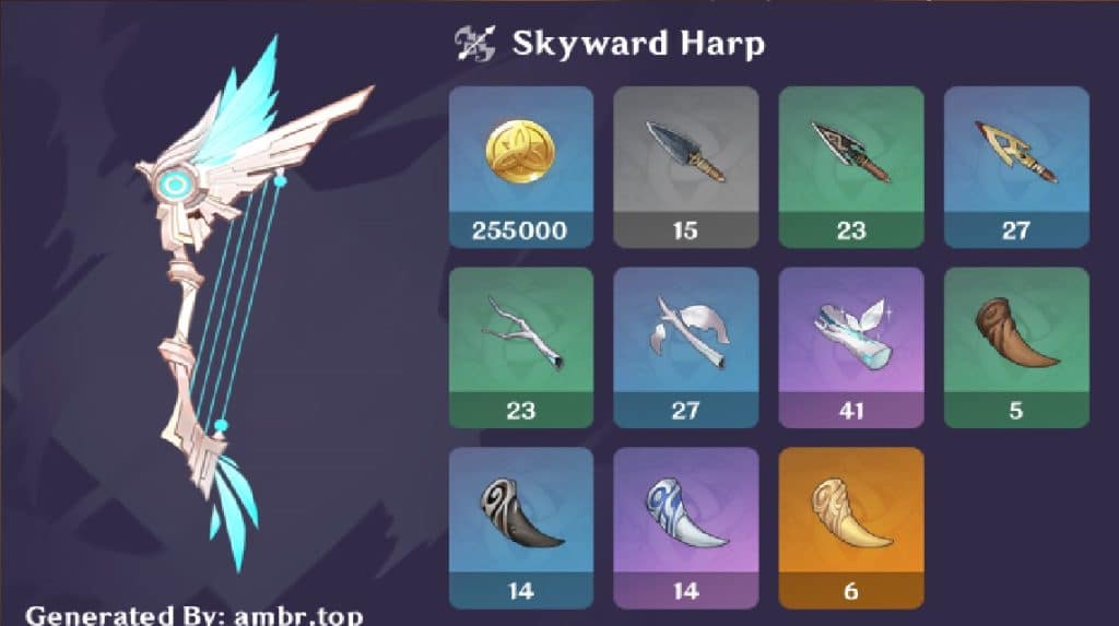 Skyward Harp Genshin Impact: Stat, Material, Pengguna