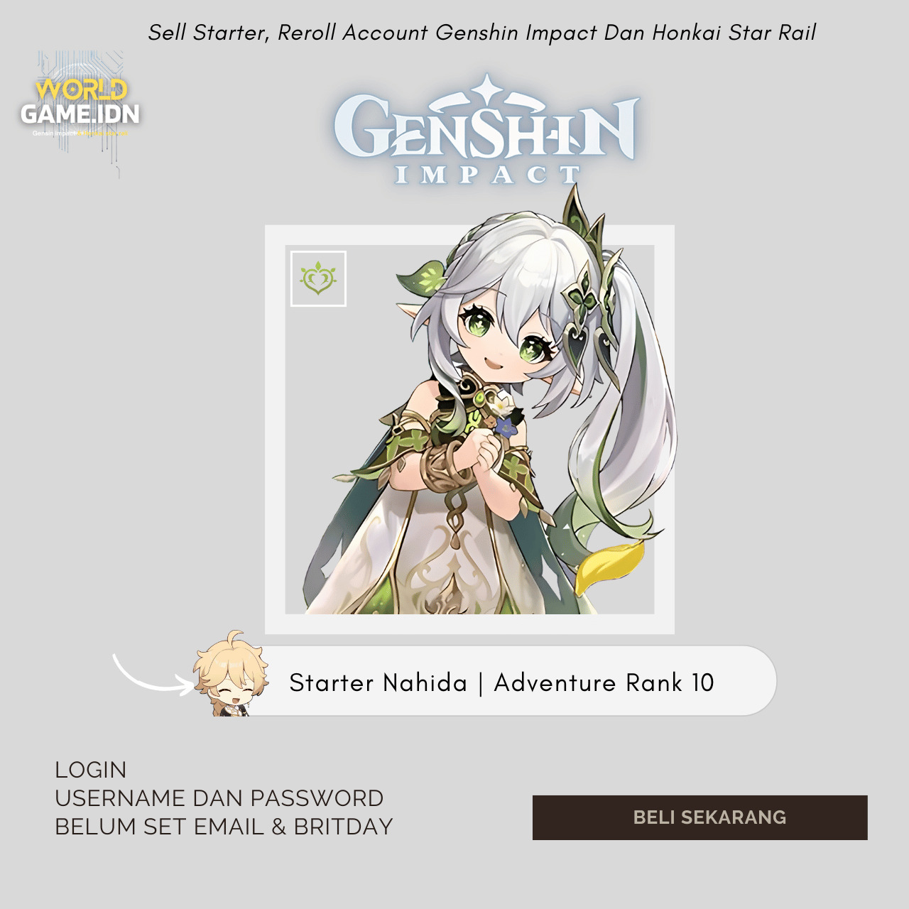 Jual [Asia] Starter Nahida Male mc AR 10 Genshin Impact worldgame.idn ...