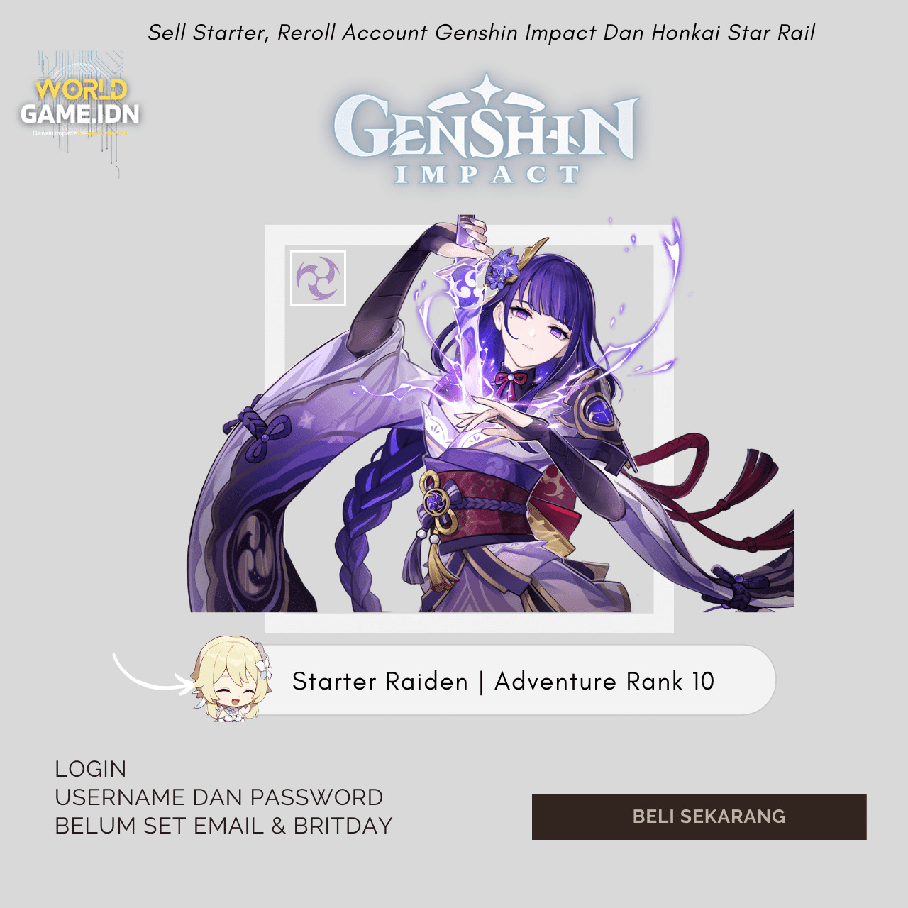 Jual [Asia] Starter Raiden Shogun | Adventure Rank 10 Lumine [Female ...