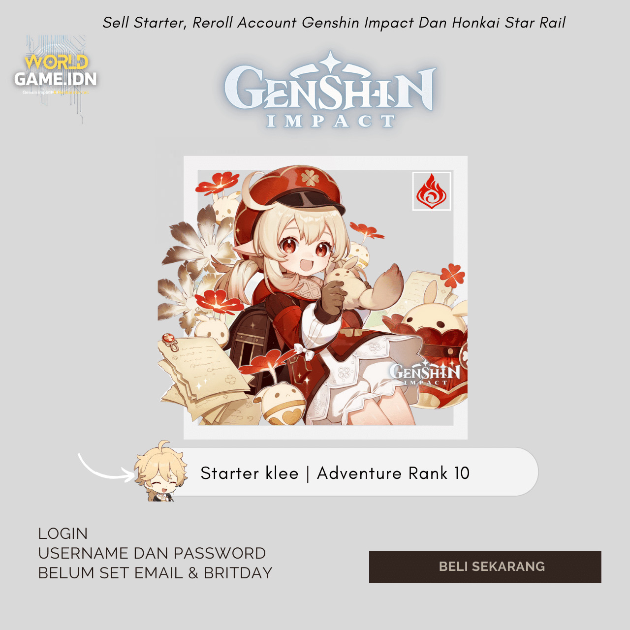 Jual [Asia] Starter KLee | Adventure Rank 10 Aether [Male] Genshin ...