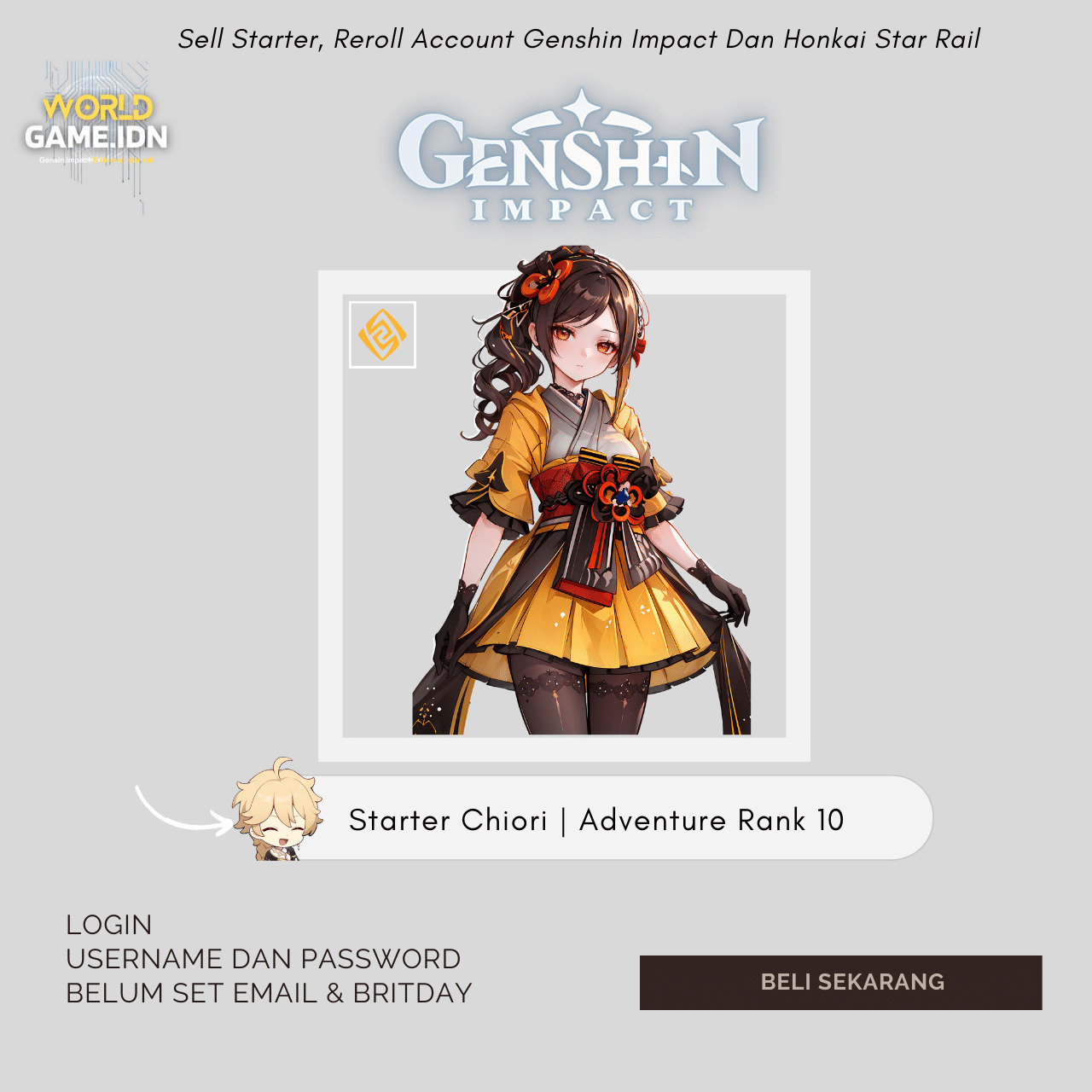 Jual [Asia] Starter Chiori | Adventure Rank 10 Aether [Male] Genshin ...