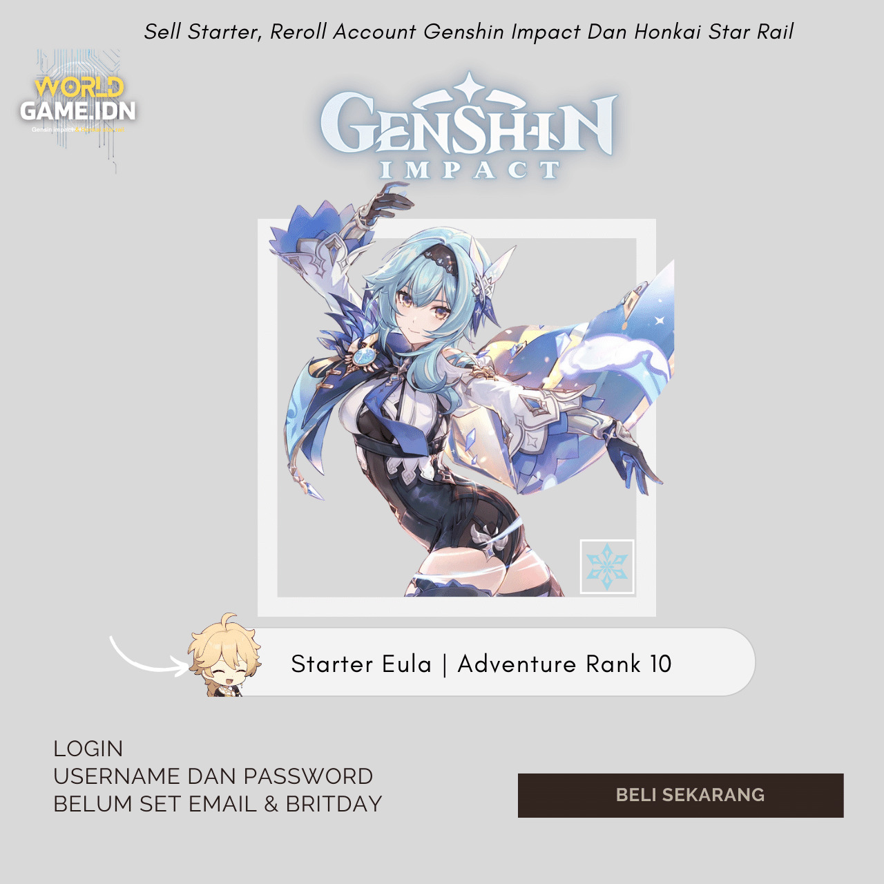 Jual [Asia] Starter Eula | Adventure Rank 10 Aether [Male] Genshin ...