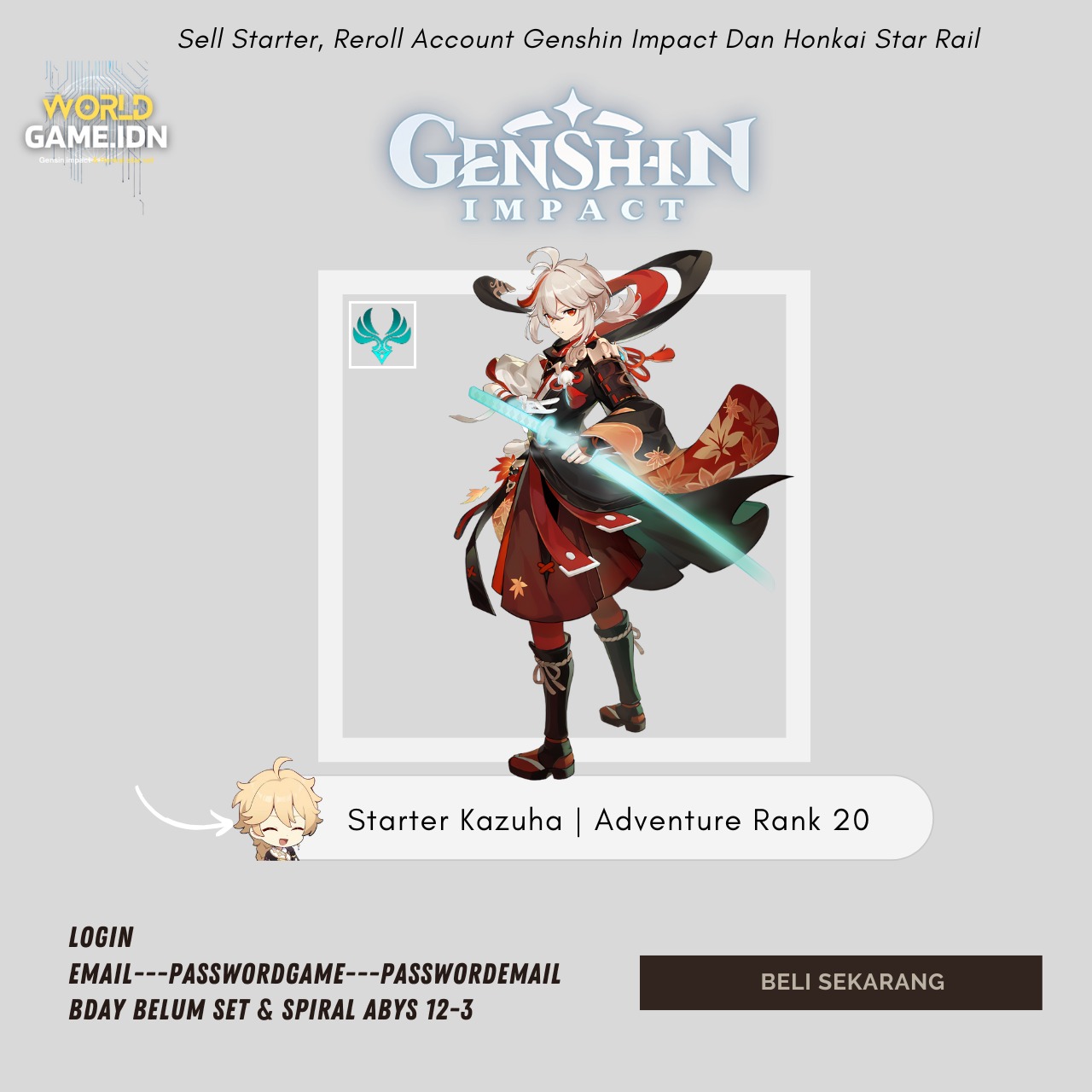 Jual [Asia] Starter Kazuha | Adventure Rank 20 Aether [Male] Genshin Impact worldgame.idn | VCGamers