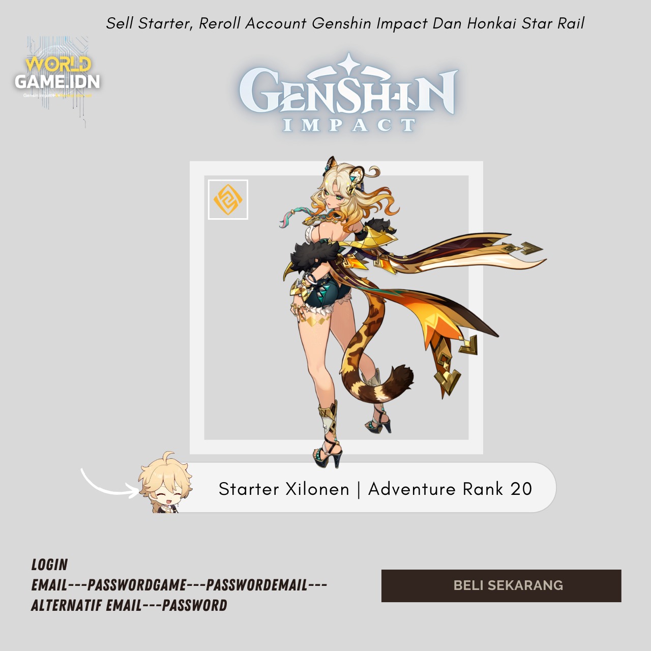Jual [Asia] Starter Xilonen | Adventure Rank 20 Aether [Male] Genshin ...
