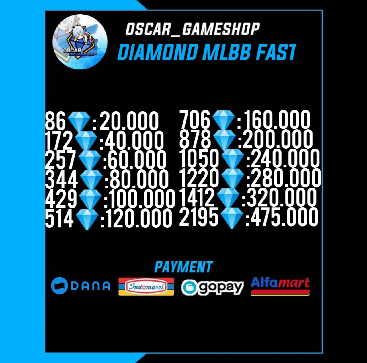 Jual 429 Diamonds Mobile Legends oscar_gameshop | VCGamers