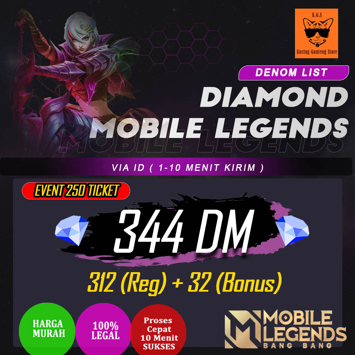 Jual 344 (312+32 Bonus) Mobile Legends Kucing Ganteng Store | VCGamers